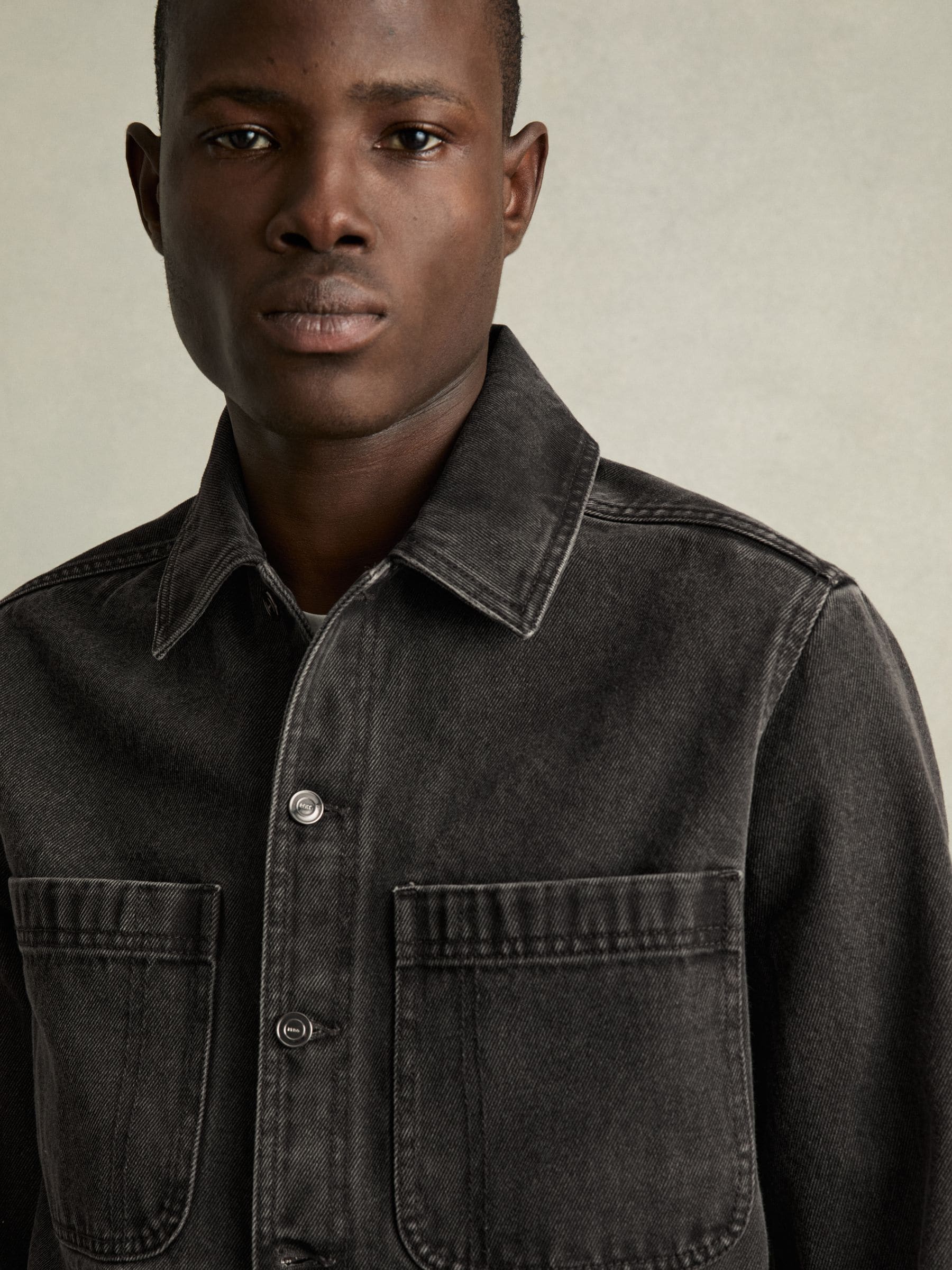 REISS tore cotton-denim button-through overshirt